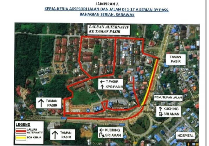Jalan di Bulatan Serian sehingga Simpang Taman Pasir ditutup sementara ...