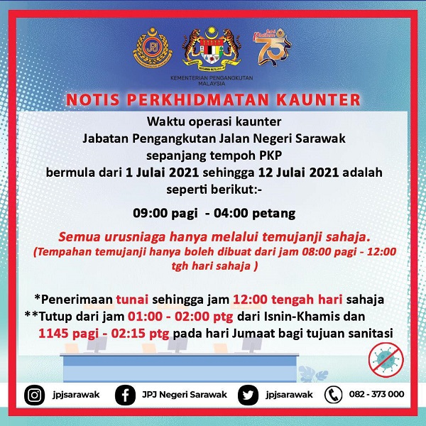 JPJ counter services to operate by appointment until July 12 | DayakDaily
